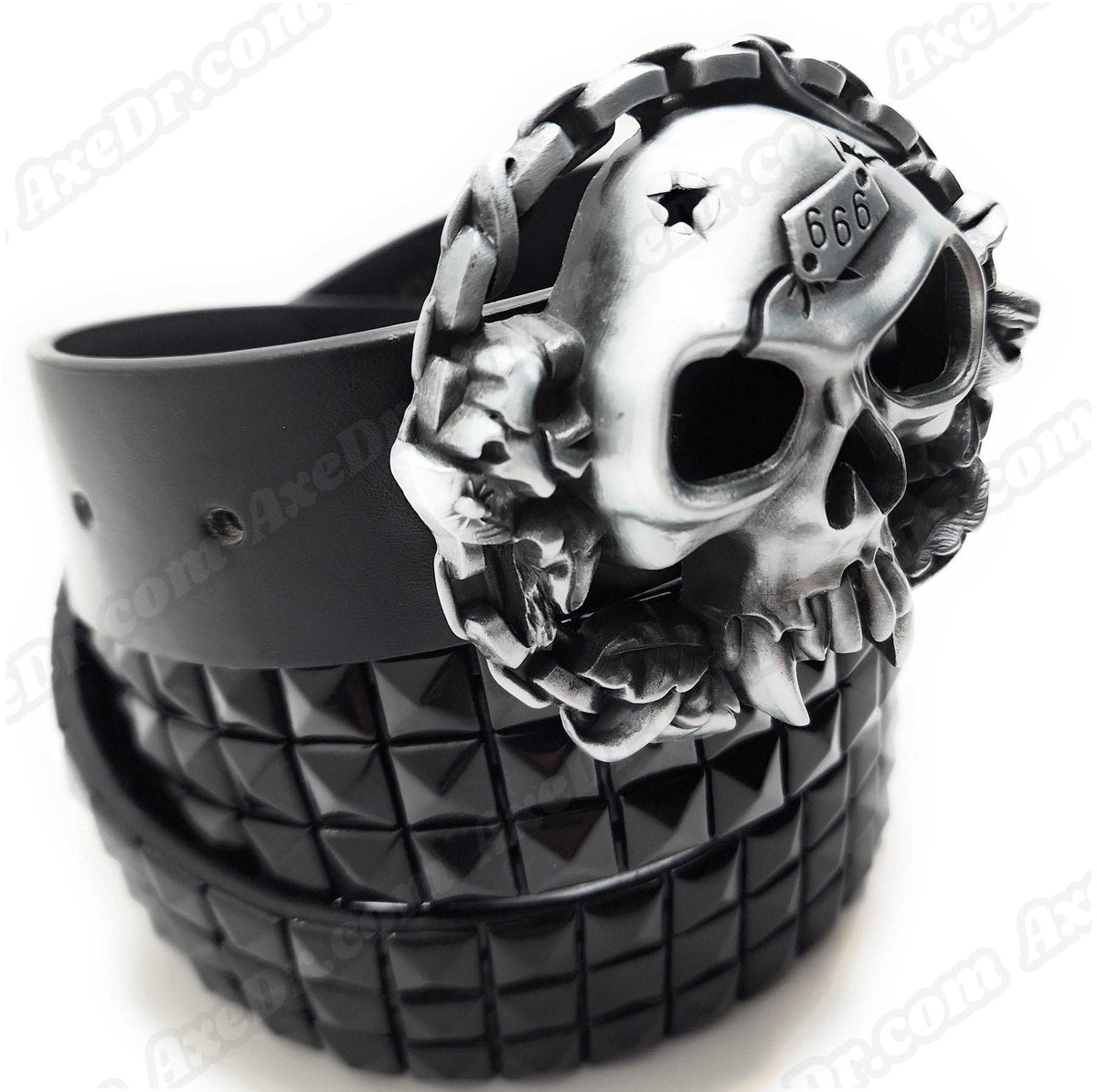 Fanged Skull Belt Buckle and Black Pyramid Studded Leather Belt – shop ...